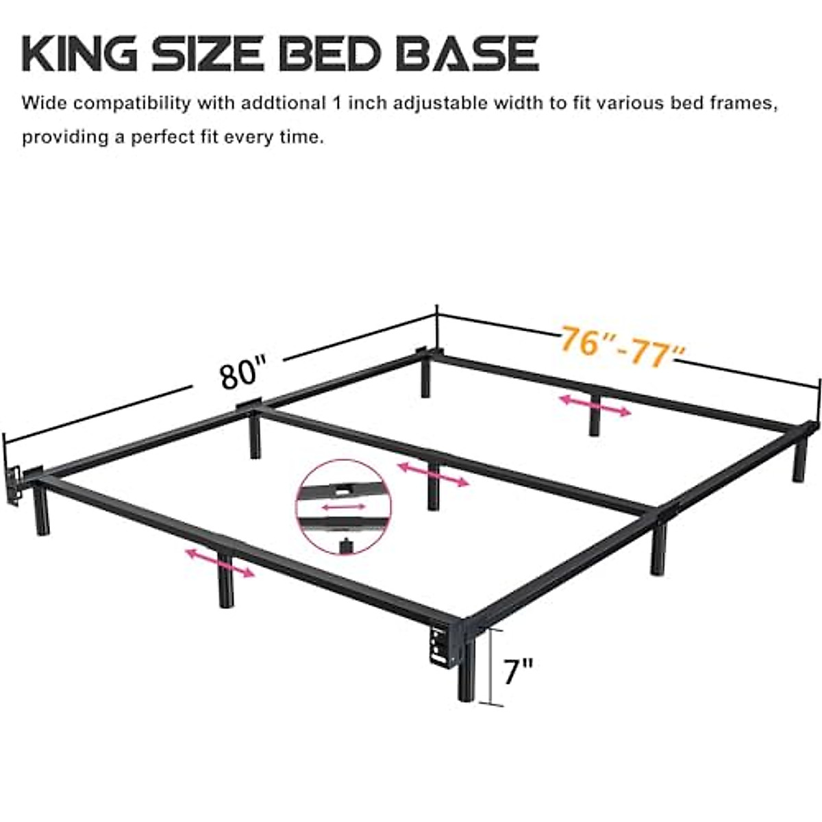 Bedsnus King Size Bed Frame, 7 Inch Metal Basics Bed Frame,Low Profile Base for Box Spring, 9-Leg Support, Noise-Free, Easy Assembly, Black