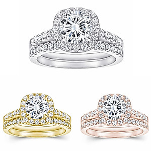 Halo Bridal Ring Set Wedding Ring Set for Women 1-1/2 Carat (ctw) Moissanite Engagement Ring Set 925 Sterling Silver Wedding and Engagement Ring Set with Text Engraving(White gold size 9)