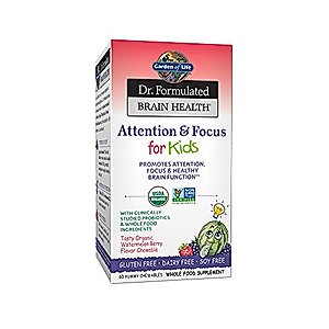 Garden of Life Dr. Formulated Attention and Focus for Kids, Supplement Promotes Healthy Brain Function, Concentration with Organic Wild Blueberry, Pine Bark, Vitamin C, D and Probiotics, 60 Count