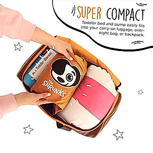 The Shrunks Toddler Travel Bed Portable Inflatable Air Mattress Blow Up Bed for Indoor/Outdoor Camping, Backyard, Hotel, or Home Use Kids Floor Bed with Security Bed Rails and Electric Pump