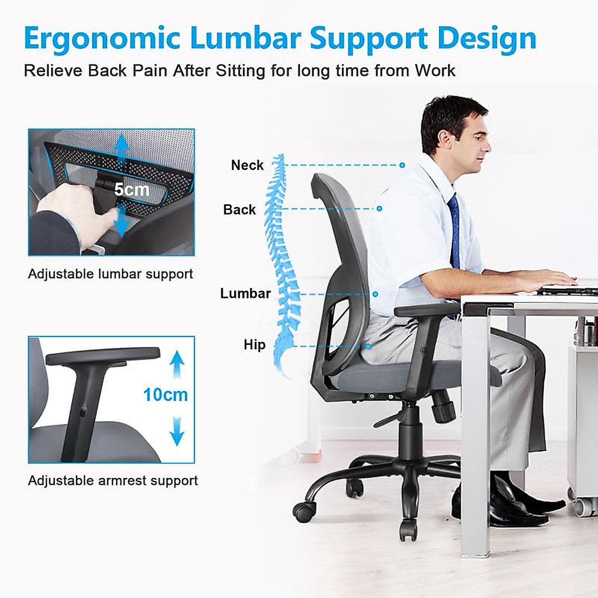 QY RYANGEL Office Chair Clearance,Home Office Desk Chair with Adjustable Lumbar Support, 2D PU Armrest, Mesh Desk Chair with Wheel, Dust Cover, 360 Swivel Task Chair for Home Office, 350lb