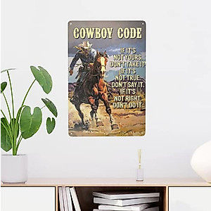 Vintage Tin Sign Art Cowboy Metal Poster Cowboy Metal Tin Signs Cowboy Riding Horse Cowboy Code Poster Retro Metal Logo Poster Home Kitchen Bar Cafe Bathroom Wall Decor Gifts 8x12 inch