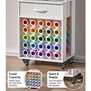Rolling Craft Storage Cart for Cricut,Crafting Cabinet Workstation with 25 Vinyl Roll Holders,Organizer and Storage Cart for Cricut Machine,Craft Cart and Storage Table for Craft Room&Home&Office