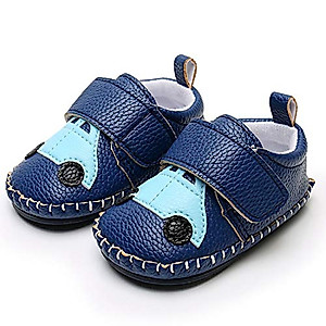 Lidiano Baby Non Slip Rubber Sole Cartoon First Walking Slippers Crib Shoes Newborn Infant Toddler Training Shoes (12-18 Months, Blue Car)
