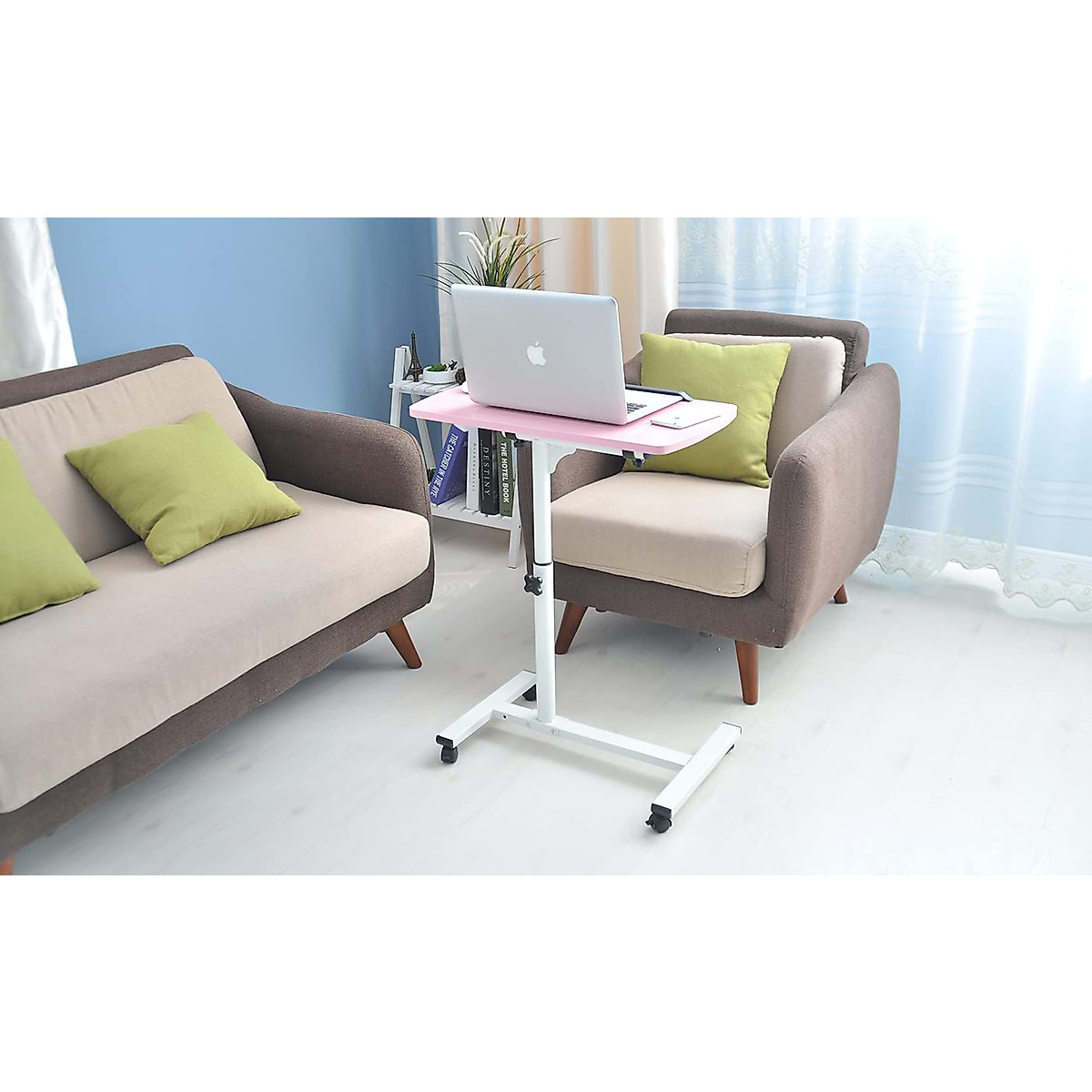 Qiveno Mobile Laptop Table, Standing Desk, Angle & Height Adjustable Rolling Laptop Desk Cart Over Bed Folding Portable Table for Hospital Home Office Pink