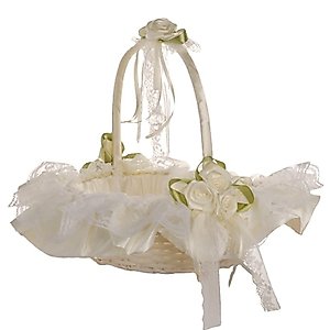 DULRLLY Wedding Flower Girl Basket, Hand-woven Storage Basket with Removable Handle and Rhinestone, Sweet Romantic Petals Basket, Lace Bowknot Bride Basket for Wedding