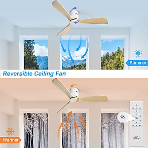 Sofucor 52 Inch Ceiling Fan Without Lights Flush Mount Ceiling Fan with Remote Control, Wood Blades Modern Outdoor Ceiling Fan No Light for Bedroom/Farmhouse/Patio/Indoor