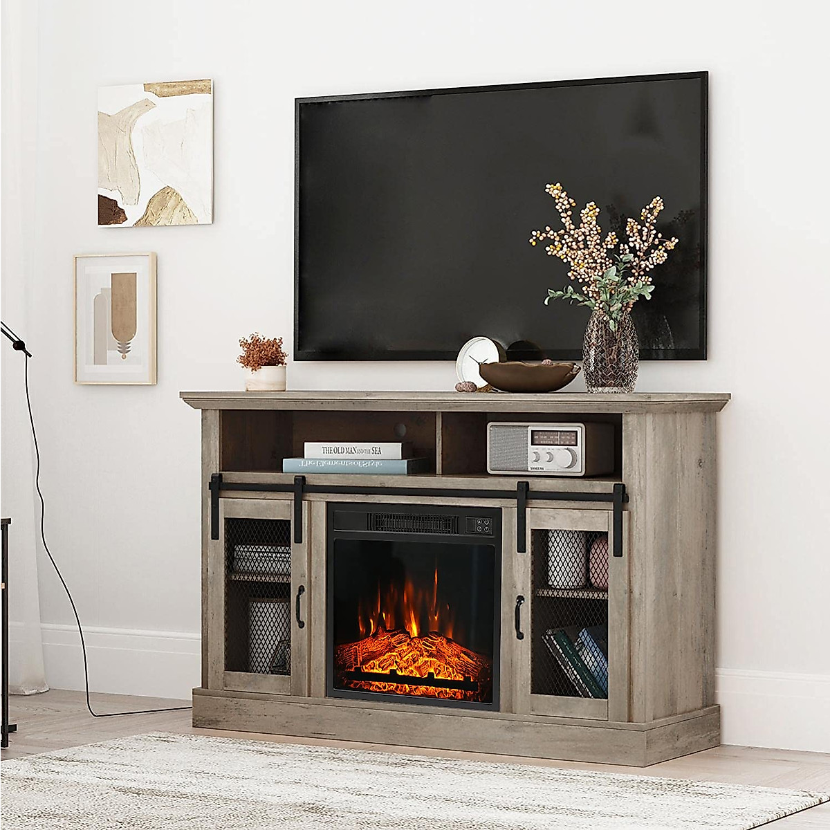 Electric Fireplace TV Stand for Living Room, Wood Entertainment Center Sliding Barn Door, Rustic Farmhouse Media Console with Open Shelves and Cabinets for TV up to 55"