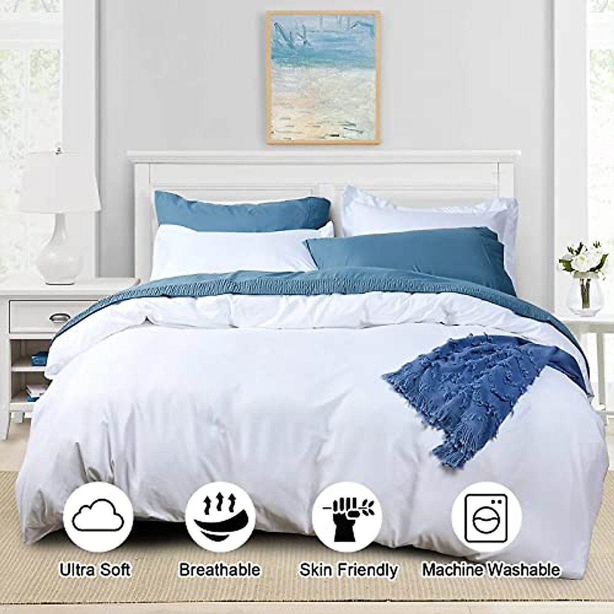 David's Home Duvet Cover King Size White, Soft Lightweight Cover with Zipper Closure Corner Ties, 3 Pieces Microfiber Bedding for Spring Summer, 1 Duvet Cover 104x90 Inches 2 Pillow Shams