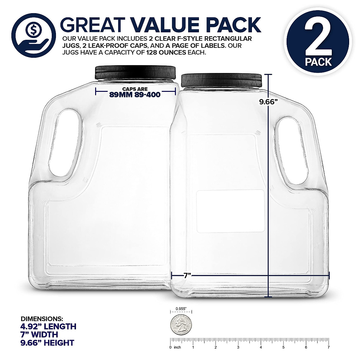 Stock Your Home Wide Mouth Gallon Jugs (2 Pack) - 128 Ounce Rectangular Oblong Gallon Container - Clear Plastic Jugs with Handle for Home, Commercial or Restaurant Use
