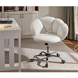 Yaheetech Boucle Upholstered Desk Chair Cloud-Shaped Vanity Chair Adjustable Home Office Chair Computer Chair with Rolling Wheels for Living Room, Bedroom White