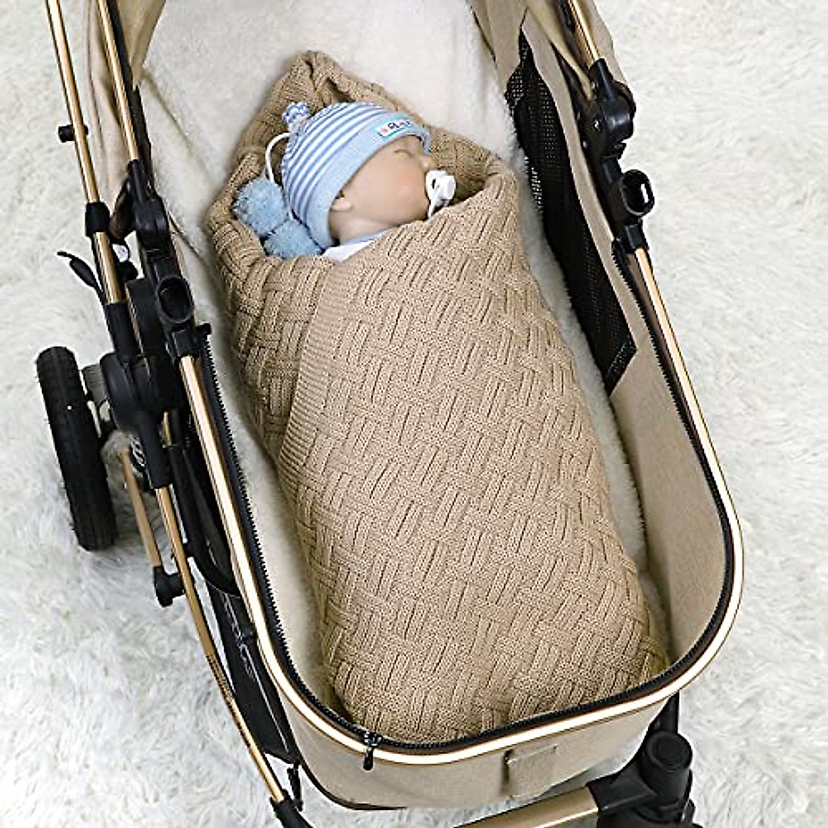 LAWKUL Baby Crochet Blankets Knit Baby Blanket Waffle Weave Cellular Newborn Swaddle Receiving Cable Knit Blanket for Boys and Girls Gender Neutral Camel Blankets Size 40X30 Inches