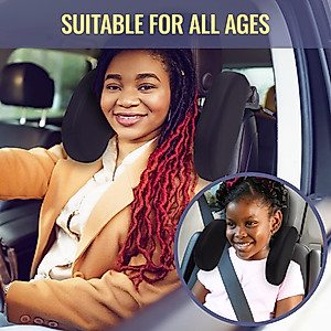 Car Seat Headrest Pillow, Head, Neck & Shoulder Support Cushion for Sleeping in The Car, Adjustable Height Cotton Car Travel Pillow for Kids & Adults, Long Distance Drives, Weatherproof - Black