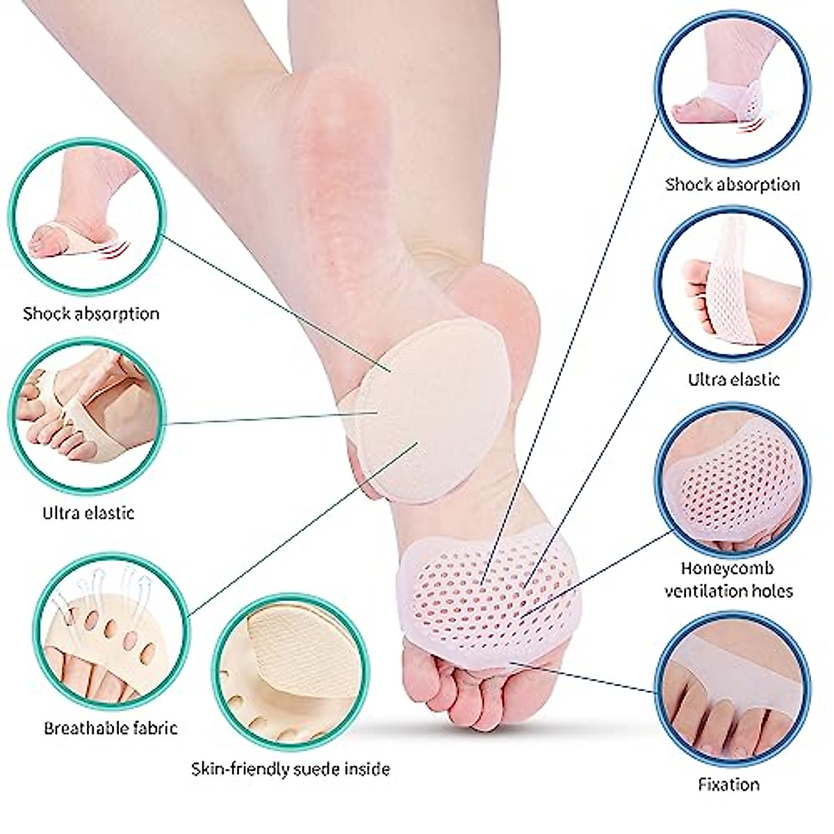 Metatarsal Pads for Women and Men - AMODOST Ball of Foot Cushions Shoe Pads for High Heels - Soft Gel and Silk Reusable Forefoot Heel Pads Feet Pain Relief - 4 Pairs