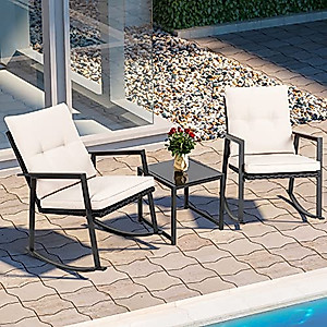 JAMFLY 3-Piece Patio Rocking Bistro Set, Outdoor Wicker Furniture Balcony Porch Chairs Conversation Sets with Glass Coffee Table (Beige)