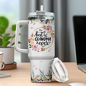 99WHALE Grandma Gifts, Grandma Watercolor Floral Nutrition Facts, Tumbler 40 Oz With Handle Lid And Straw, Handle Grandmas Cup For Great Heart Sippy Flower Best Ever Coffee Cups Nana