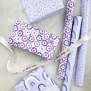 LeZakaa Purple Gift Wrapping Paper - Mini Roll - Flower Ball/Colorful Strip/Arch Print for Gift Wrap, Arts Crafts - 17 x 120 inches - 3 Rolls (43.77 sq.ft.ttl.)