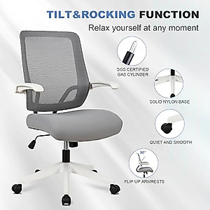 Home Office Desk Chair with Flip Up Armrest, Lumbar Support, Soft Sponge Seat, Breathable Mesh Mid Back Computer Chair, Swivel Task Chair, 300LBS Weight Capacity, Grey