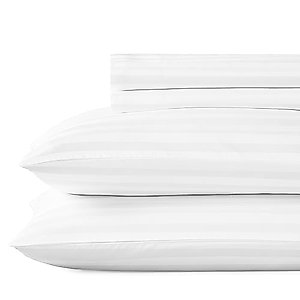 California Design Den Striped Sheets, 500 Thread Count 100% Cotton Sheets for Queen Size Bed, Cooling Deep Pocket Damask Sheets, Extra Soft Luxury Hotel Quality - Striped White Sheets