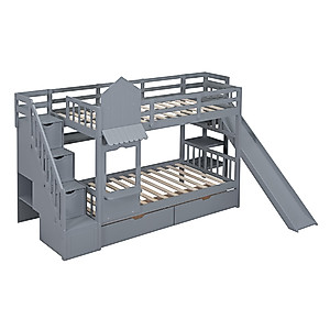 Twin Over Twin Castle Bunk Bed with Slide and Storage Stairs, Wood Playhouse Bunk Beds Frame with Shelves and Drawers, Princess Bunk Bed for Girls Boys Teens, No Box Spring Needed, Gray