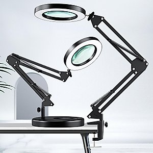 10X Magnifying Glass with Light, HITTI 1,800 Lumens Stepless Dimmable, 3 Color Modes, 4.2″ Real Glass Lens LED Desk Lamp & Clamp, Magnifier Light and Stand for Crafts Welding Close Work