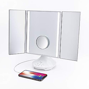 iHome Beauty Reflect Trifold Vanity Speaker with Bluetooth Audio, Hands-Free Speakerphone, LED Lighting, Siri and Google Support, and USB Charging