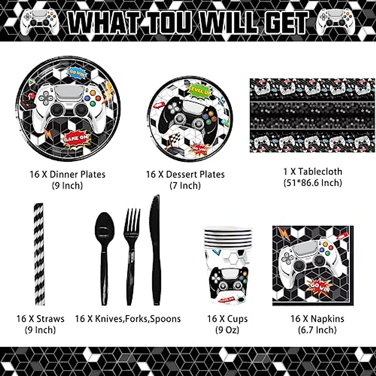 Gamer Birthday Party Decoration - 275Pcs Black White Video Game Gaming Party Supplies For Boys Birthday Party - Table Cover, Plates, Cups, Napkins, Utensils, Hanging Swirls, Birthday Banner, Cupcake Topper, Cake Topper, Stickers, Bracelets & Balloons Serv