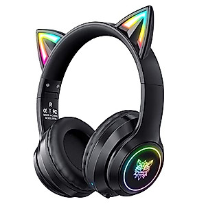 SIMGAL Bluetooth Cat Ear Headphones for Kids, Wireless & Wired Mode Foldable Headset with Mic, RGB LED Light, for Girls School Gaming, Compatible with Mobile Phones PC Tablet