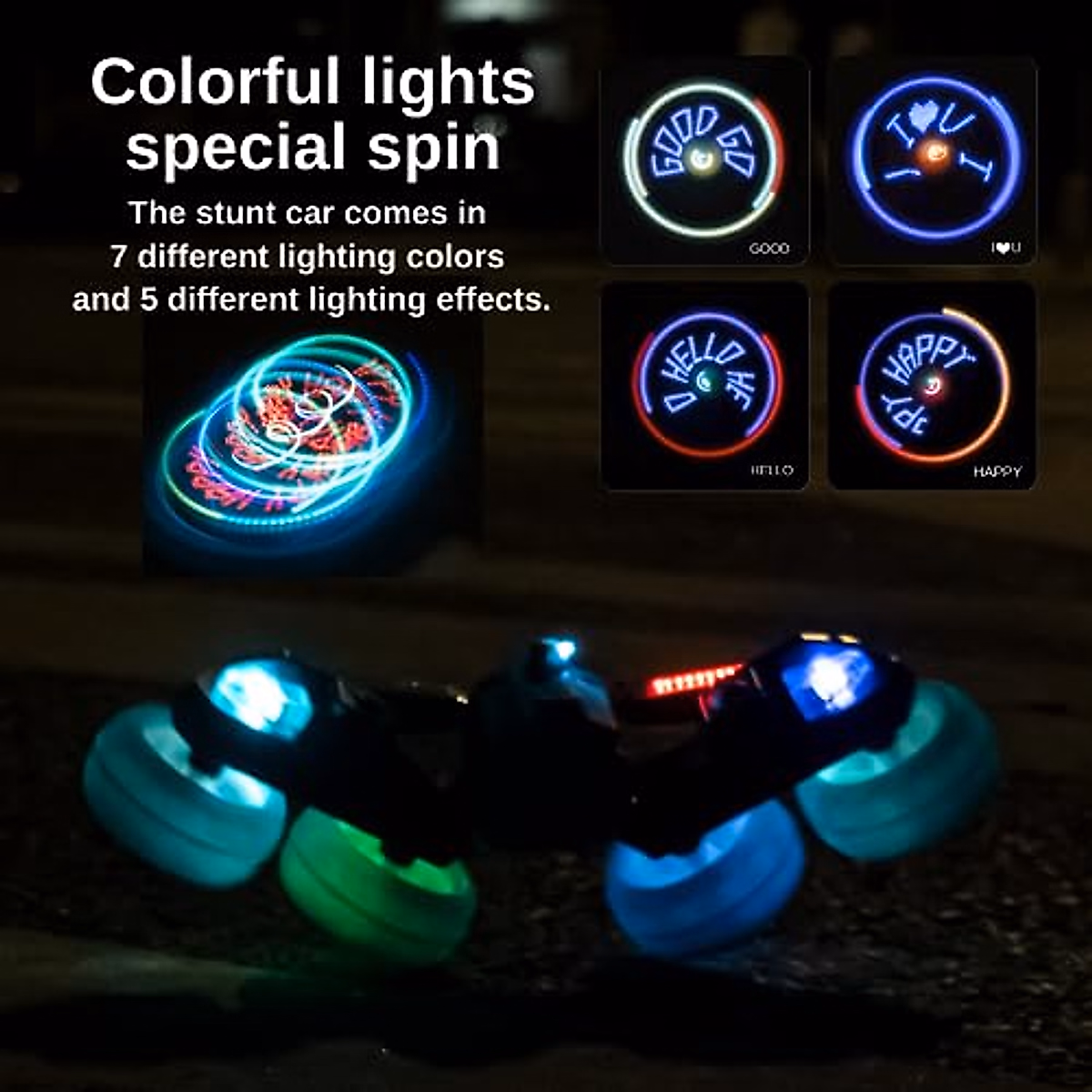 Obsiusfb RC Stunt Car for Kids with Wheel Lights and Headlights, 2.4GHz Double Sided 360° Rotating RC Car, High Speed Rechargeable Remote Control Crawler for Boys & Girls (Blue)