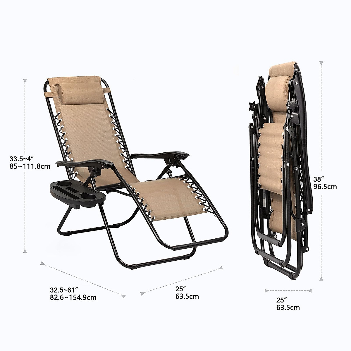 Nazhura Set of 2 Relaxing Recliners Patio Chairs Adjustable Steel Mesh Zero Gravity Lounge Chair Beach Chairs with Pillow and Cup Holder Khaki (Kahki)