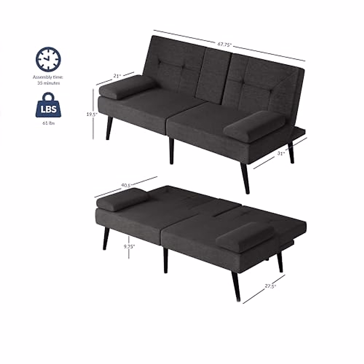 BELLEZE Convertible Sofa Bed with USB Charging Port, Modern Loveseat, Sleeper Sofa, Futon Couch for Living Room, Guest Room, Garage - Madison (Dark Gray Linen)