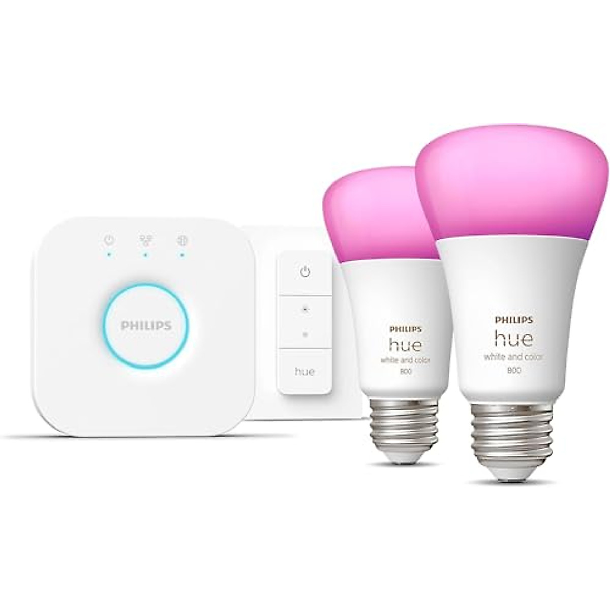 Philips Hue Smart Light Starter Kit - Includes (1) Bridge, (1) Dimmer Switch and (2) A19 LED Bulbs - White and Color Ambiance Color-Changing Light - 800LM - E26 - Control with App or Voice Assistant