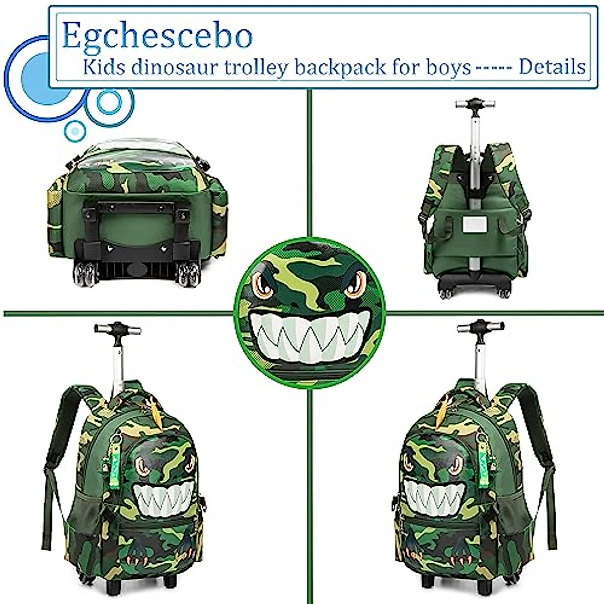 Egchescebo Kids Shark Rolling Backpack for Boys Suitcases Trolley Backpacks with Wheels Roller Luggage Backpacks Wheels with Lunch Box Pencil Case for Elementary Boys Travel School Bag Green