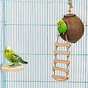 Coconut Bird Nest Coco Bird Hide Shell with Ladder,Parrot Hanging House Cage with Bird Perch Cage Accessories Exercise Toy Habitats for Parrot Parakeet Finch Lovebird and Small Animals (H01)