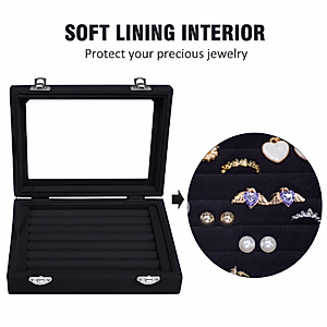 Vicoter Rings Organizer Tray 7 Slots Velvet Jewelry Earring Storage Box with Transparent lid Jewelry Display Case for Girls Wife Mom Women (Black)