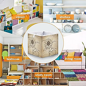 visesunny Closet Baskets Vintage Sunflower Sketch Storage Bins Fabric Baskets for Organizing Shelves Foldable Storage Cube Bins for Clothes, Toys, Baby Toiletry, Office Supply