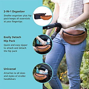 J.L. Childress Universal Stroller Organizer with Detachable Hip Fanny Pack - Stroller Accessory with Belt Waist Bag - Stroller Cup Holder and Cell Phone Pocket - Black/Camel