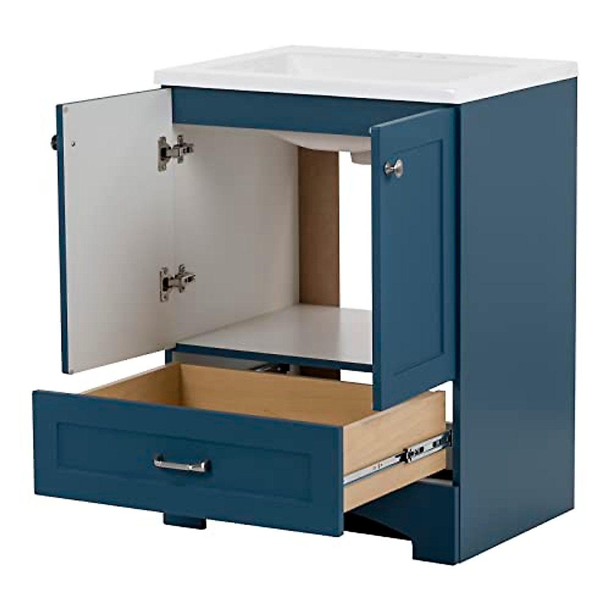 Spring Mill Cabinets Emlyn 24 Inch Bathroom Vanity with White Single Sink Top, 2-Door Cabinet, 1 Drawer, 24.5" W x 18.75" D x 32.89" H, Admiral Blue