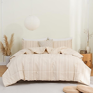 MOVE OVER Striped Linen Comforter Set Queen Linen Cotton Blend Bedding Comforter Set 3 Pieces Wide and Narrow Stripe Design Neutral Style Flax Comforter Set for All Season