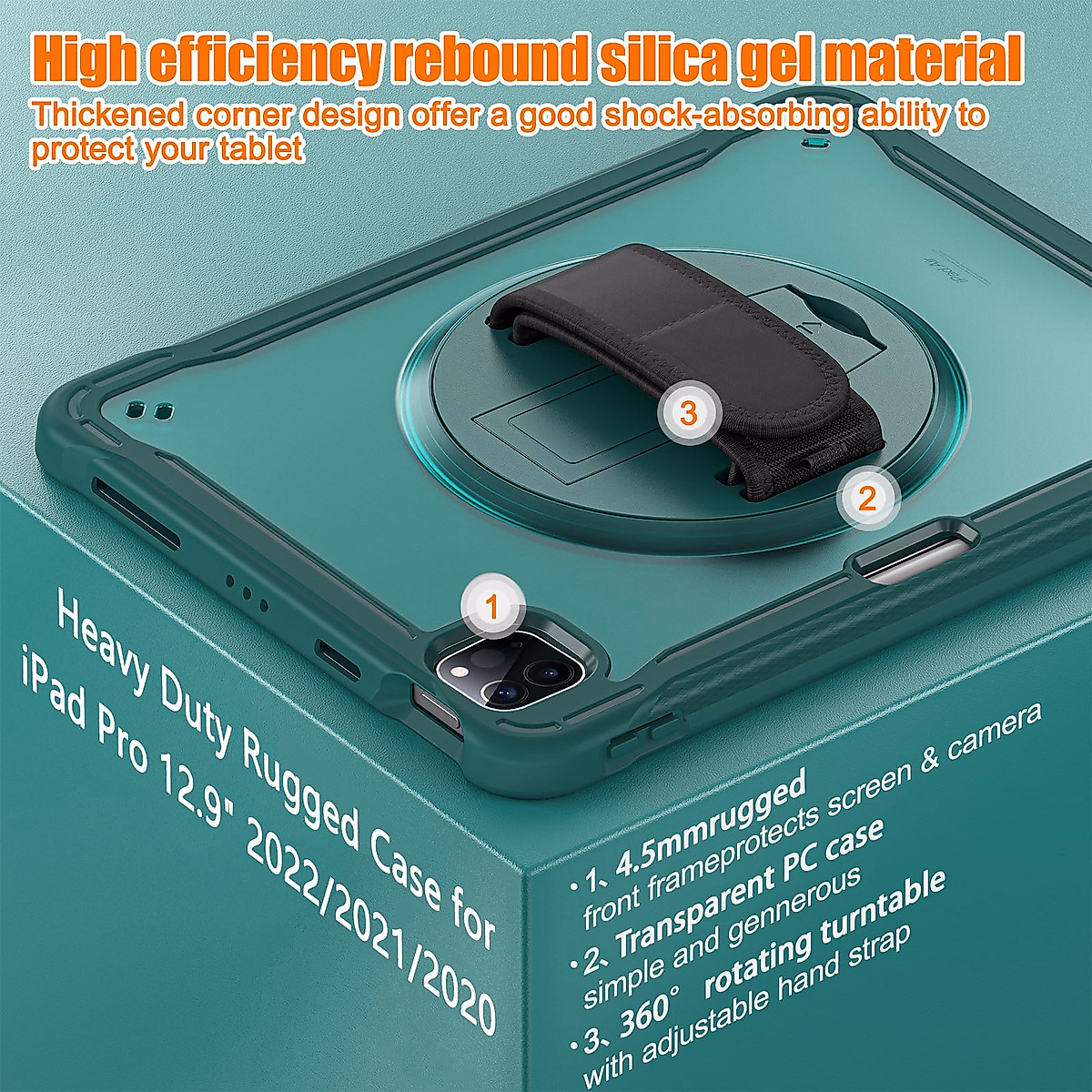 Batianda Case for iPad Pro 12.9-inch 2022 6th M2 /2021 (5rd Generation) / iPad Pro 12.9" 4th/3rd Gen Heavy Duty Rugged Shockproof Tablet Cover with 360° Rotating Hand Strap & Shoulder Strap, Teal