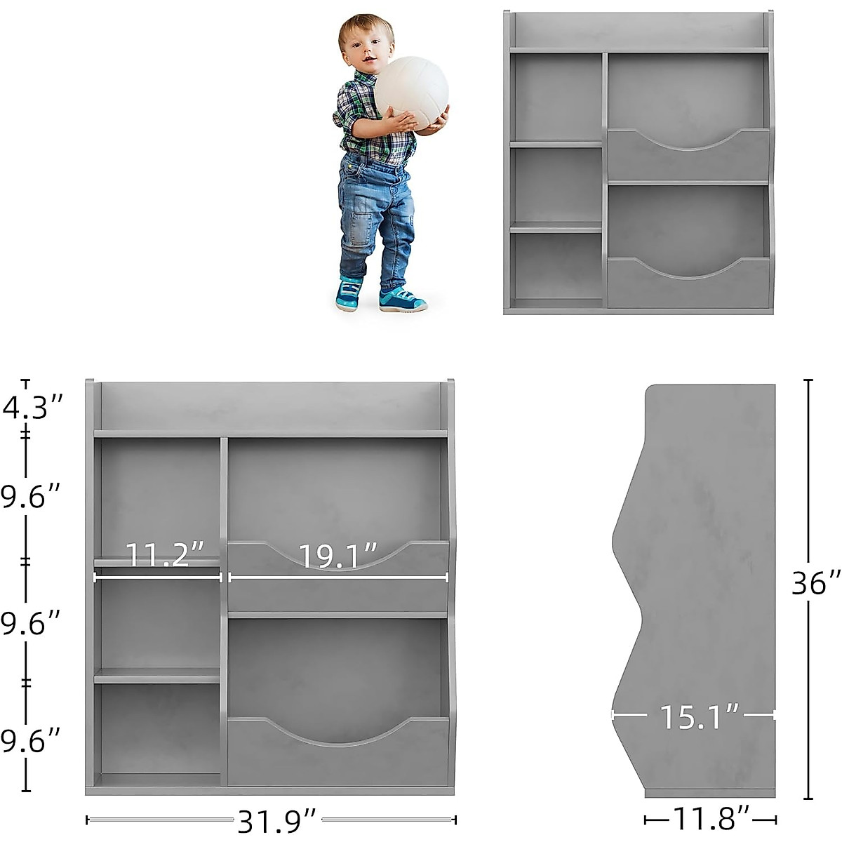 SUNNYFURN Kids 3-Tier Toy Storage Organizer Kids Bookshelf Double Side Toy Shelf Gray- 5 Compartment Bookshelf & Toy Shelf for Kids' Room, Bedroom, Living Room, and Kindergarten - for Toys and Books