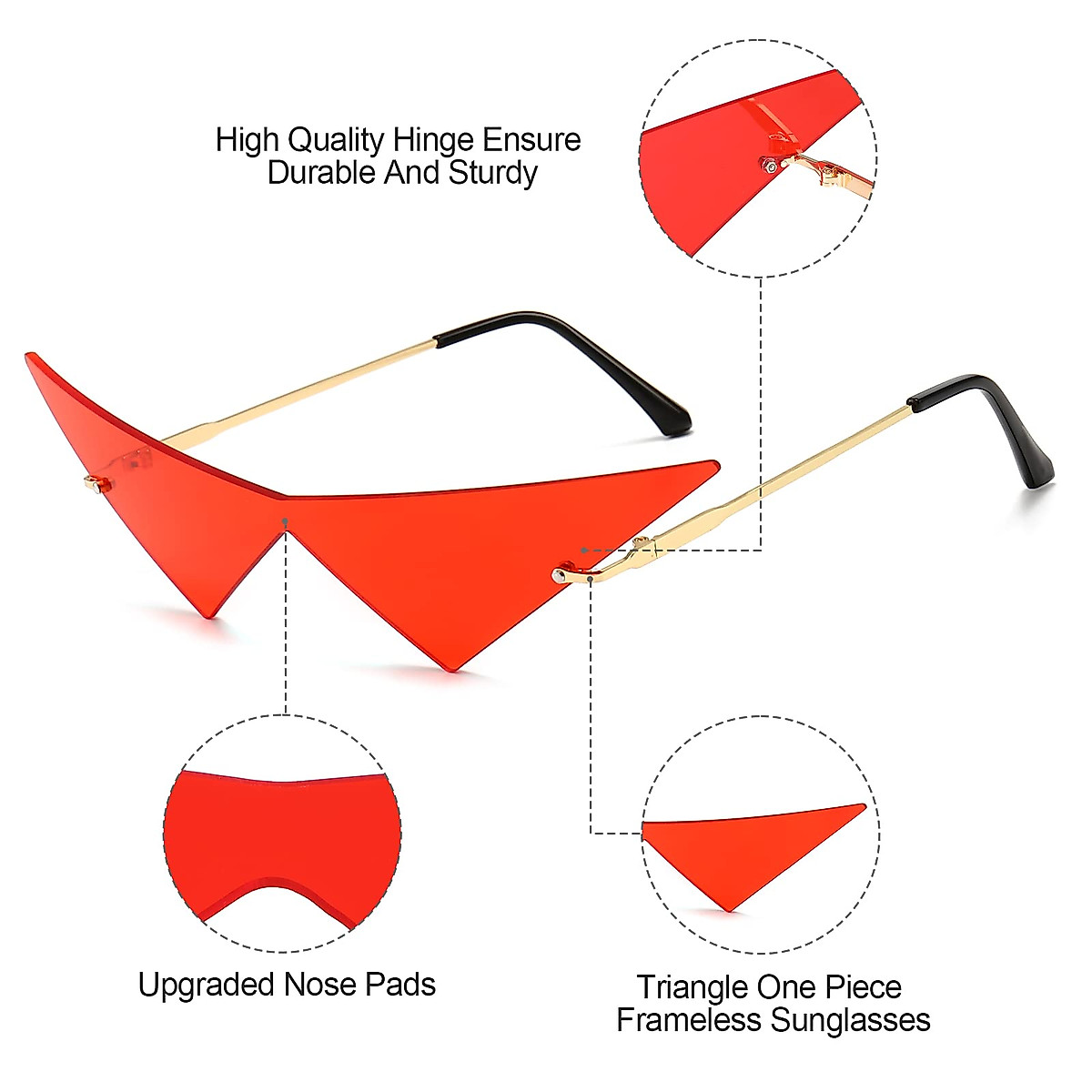 4 Pairs Triangle Sunglasses Frameless Space Eye Sunglasses Rimless Pointy Glasses Men Party Prom Sunglasses for Women and Men (Red, Blue, Gray, Purple)