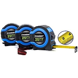 Greendale - 3 Pack - 25 ft Tape Measures - Easy to Read Fractions to 1/8th inch - Magnetic Tip - Thumb and Quick Lock - Autowind - Belt Clip