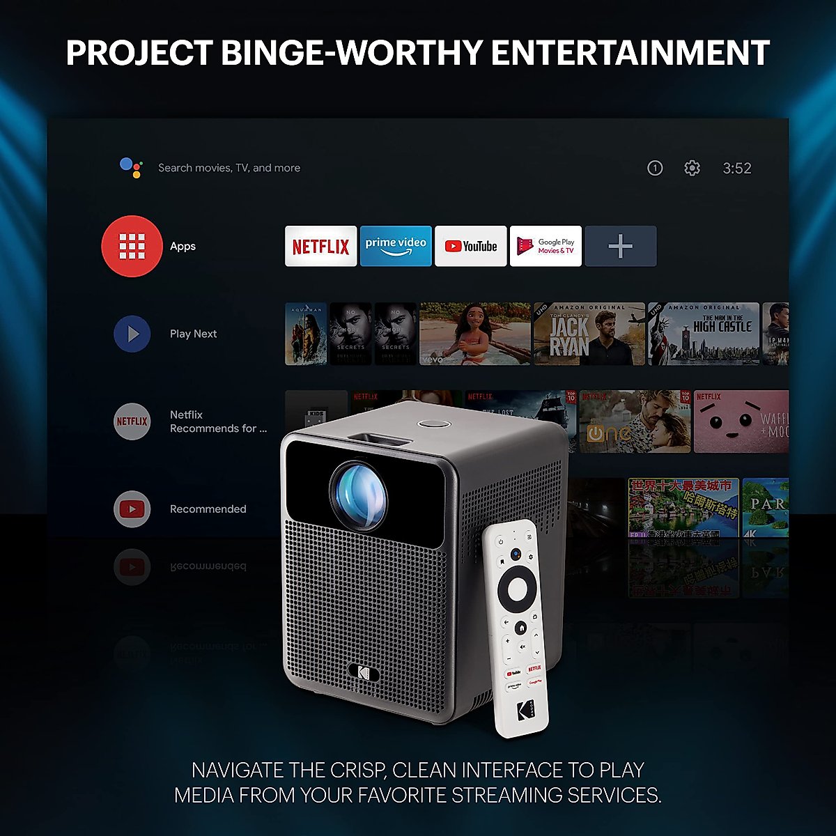 KODAK FLIK HD10 Smart Projector | Android TV 1080P FHD Video Projection System with Google Assistant, Wi-Fi, Bluetooth 5.0, HDMI, USB, Aux & Built-in dual 5W Speakers | iOS & Android