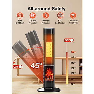 Uthfy Space Heaters for Indoor Use, 32" Electric Heater With Flame for 400 Sq.ft Large Room, 1500W Portable Tower Ceramic Room Heater With 24 H Timer, Remote, 80°Oscillation, 3 Modes for Bedroom