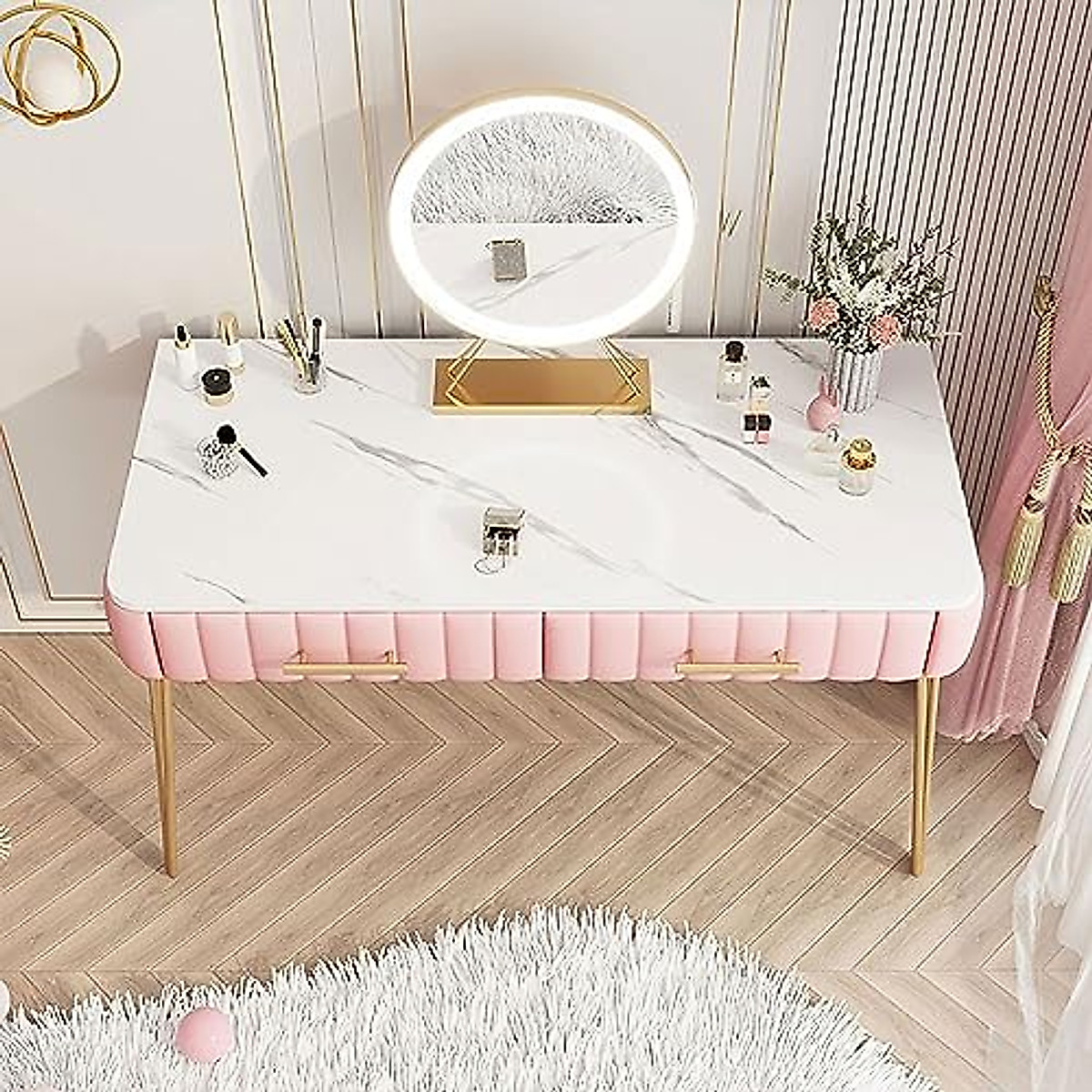 NEZIH Makeup Desk, Vanity Table Set, Vanity Desk with Drawers, Vanity Desk, Vanity Desk with Mirror and Stool, Bedroom Storage Cabinet, Small Makeup Table, for Bedroom Studio