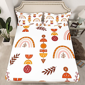 Erosebridal Rainbow Fitted Sheet, Flower Branches Bed Sheet Full Size for Kids Girls Child Teens Women, Cartoon Style Floral Sheet Set Bohemian Iridescent Bedding Set 4 Pieces with 2 Pillow Cases