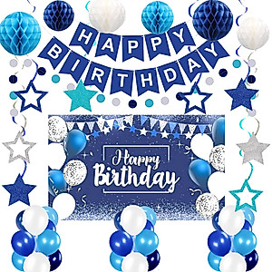 Blue Happy Birthday Decorations, 41 Pack Happy Birthday Banner, Balloons, Backdrop, Hanging Swirl, Honeycomb Ball and Circle Dot Garland Supplies for Birthday Party