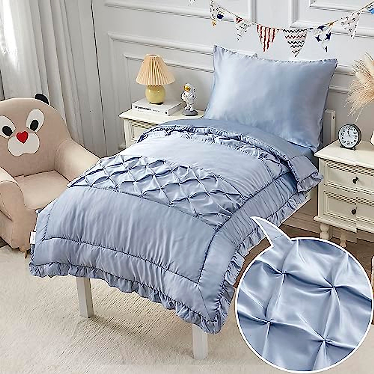 Toddler Bedding Set for Girls 4 Piece Pinch Pleated Grey Ruffle Fringe Pintuck Toddler Bed Comforter Set for Kids Bed-in-a-Bag Quilt Crib Sheet Set with Comforter,Flat Sheet,Fitted Sheet,Pillowcase