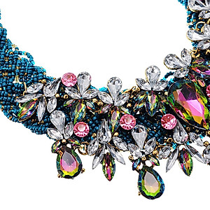 Fashion Jewelry Resin Beads Cluster Chain Choker Collar Rhinestone Bib Statement Pendant Necklace Blue